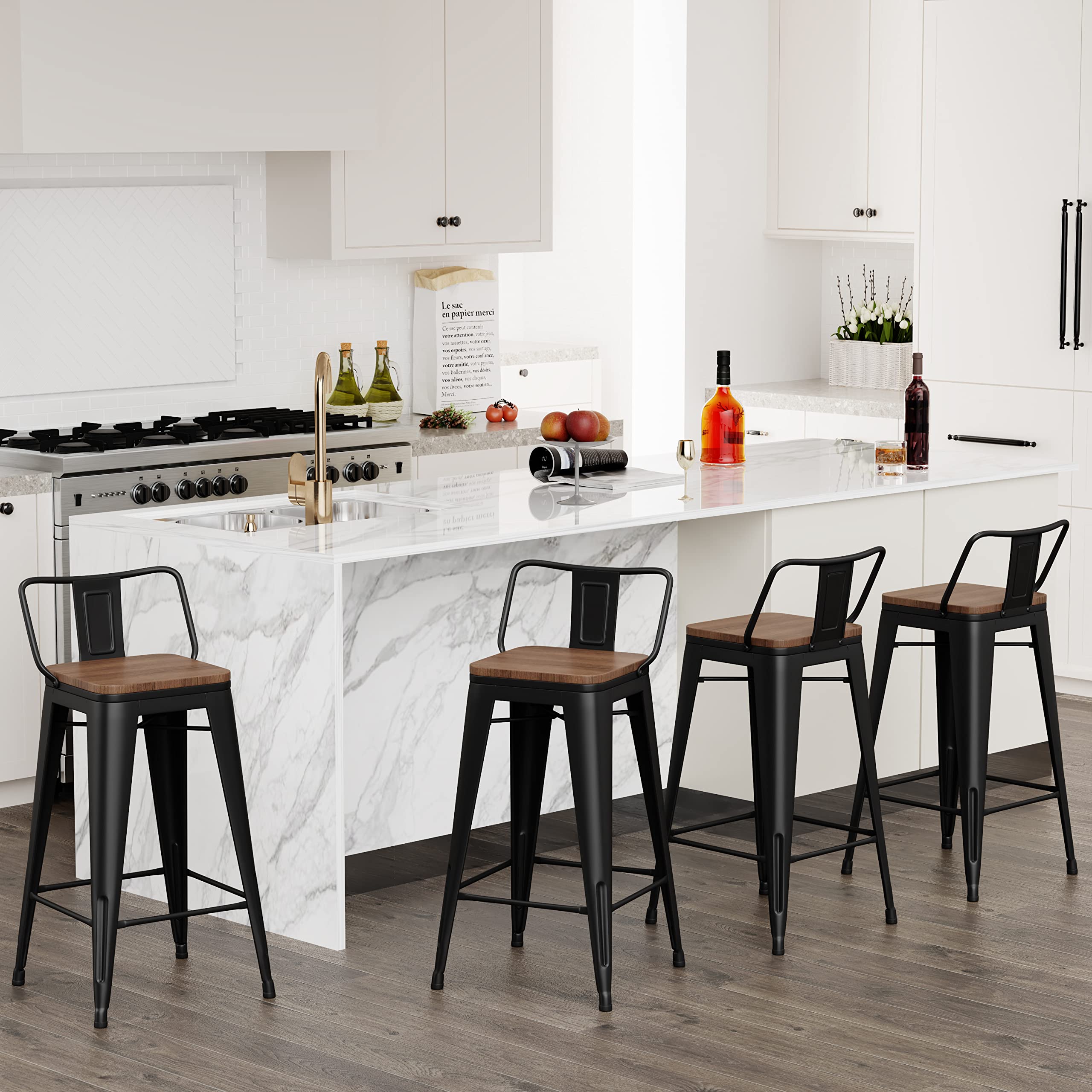 Changjie Furniture 26 Inch Bar Stools Set of 4 Industrial Metal Barstools Counter Height Bar Stool with Backs for Home Kitchen (26 inch, Black)