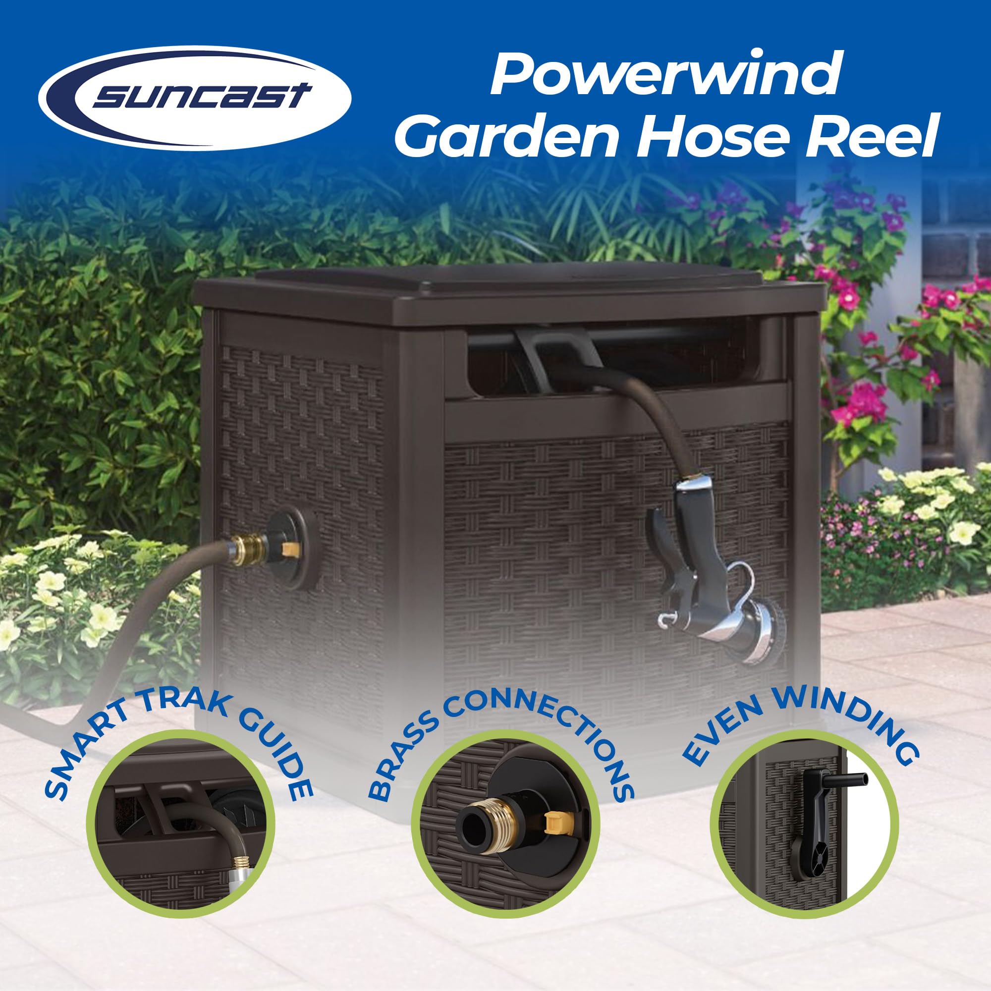 Suncast 150 Foot Slide Trak Outdoor Garden Wicker Resin Water Hose and Reel Hideaway with Brass Connections for Patio or Backyard, Java