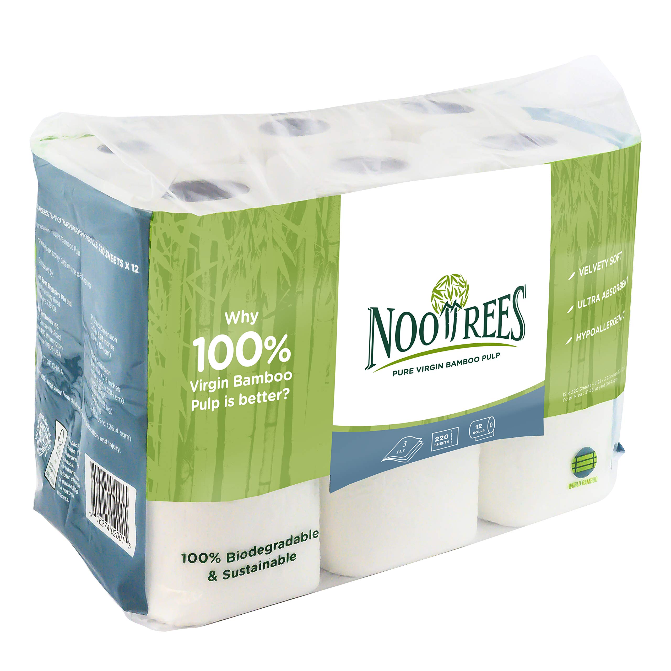 NooTrees Bamboo Toilet Tissue, Tree Free, 100% Biodegradable, Sustainable, Renewable and FSC Certified 3-ply Toilet Paper, 220 Sheets, 12 Rolls, Pack of 1