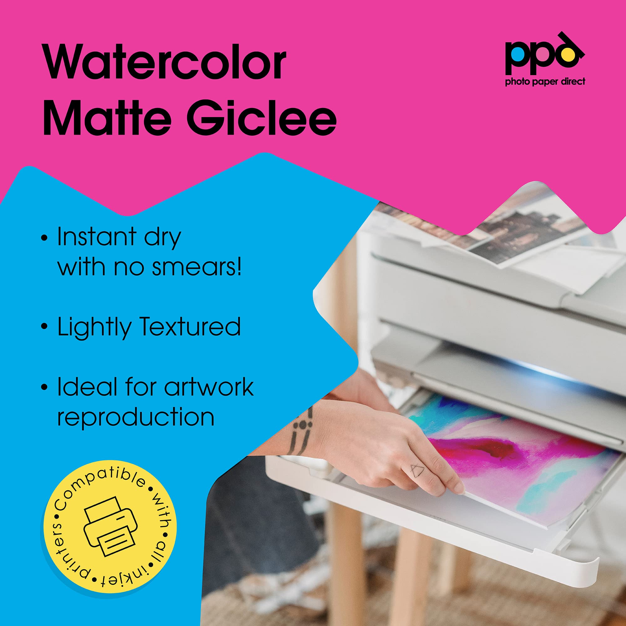 PPD Watercolor Printer Paper, Printable Fine Art Paper for Inkjet Printer, Textured Giclee Archival Acid Free Paper 8.5 x 11, Professional Grade, Heavyweight 240 gsm/64 lb (25 Sheets)