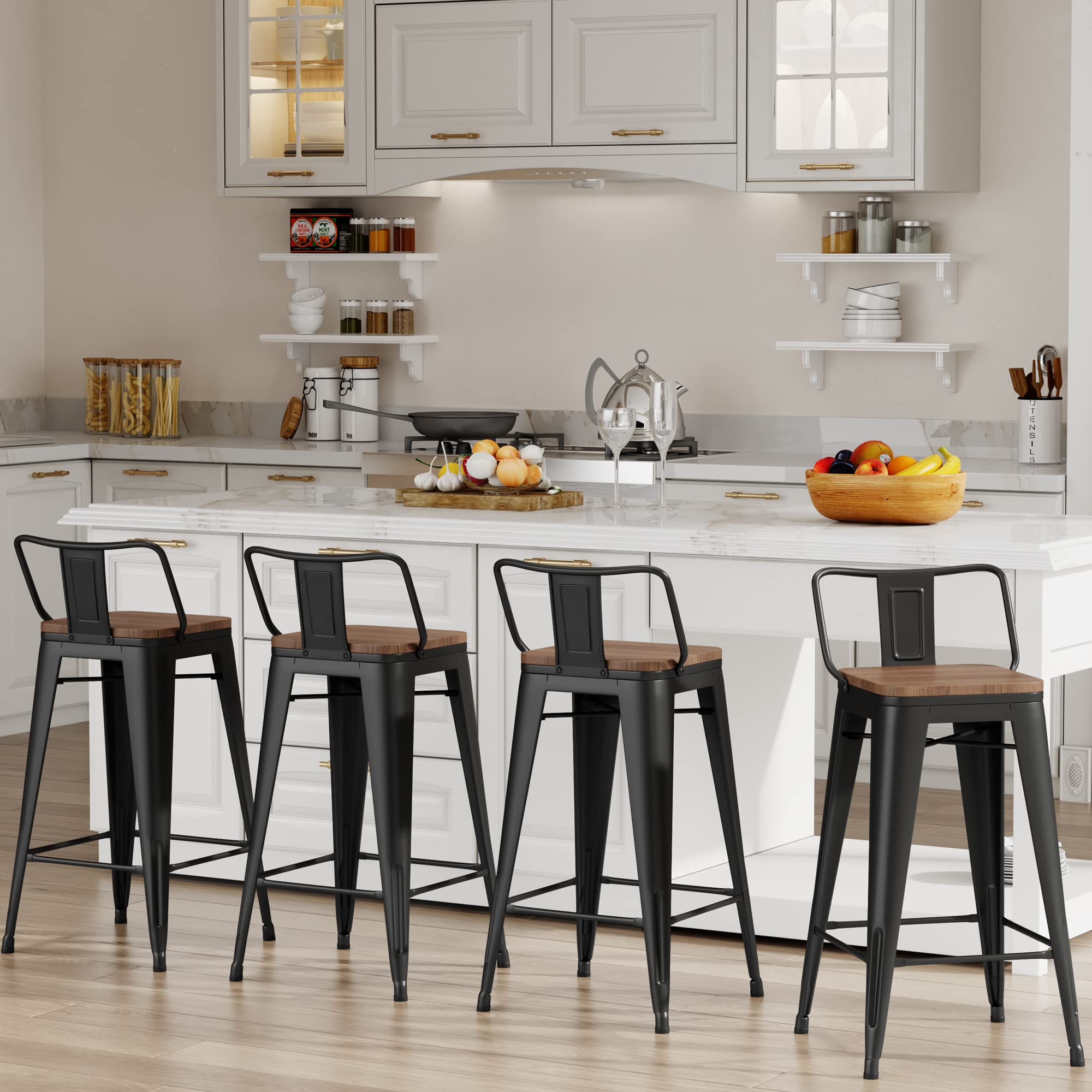 Changjie Furniture 26 Inch Bar Stools Set of 4 Industrial Metal Barstools Counter Height Bar Stool with Backs for Home Kitchen (26 inch, Black)