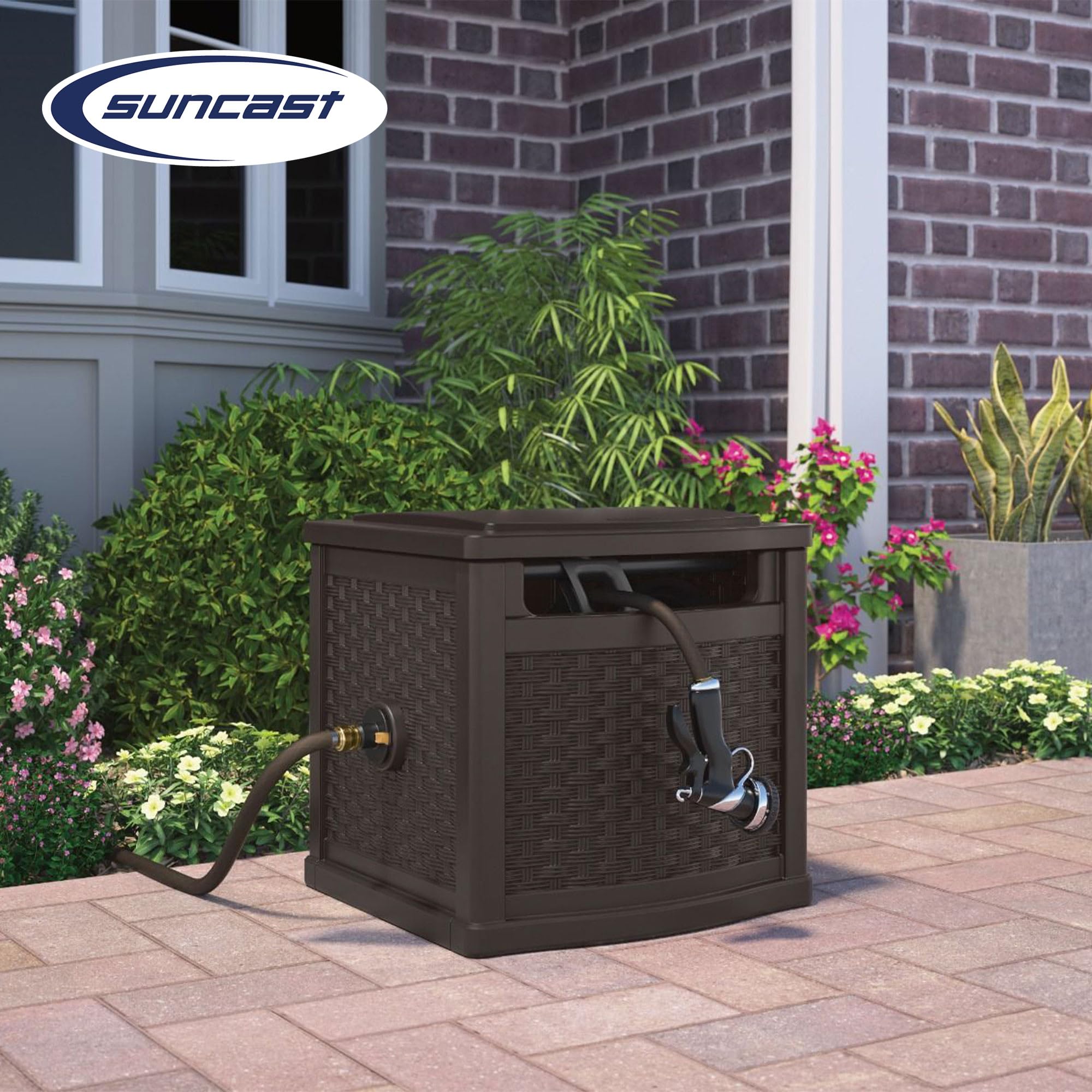 Suncast 150 Foot Slide Trak Outdoor Garden Wicker Resin Water Hose and Reel Hideaway with Brass Connections for Patio or Backyard, Java