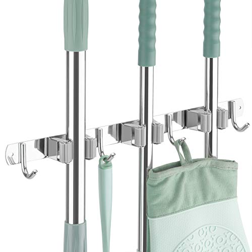 Kulemax Mop and Broom Holder Wall Mount Heavy Duty, Premium Stainless Steel Utility Rack for Tools Hanger, Metal Broom Closet Organizer for Home, Garage, even Outdoor