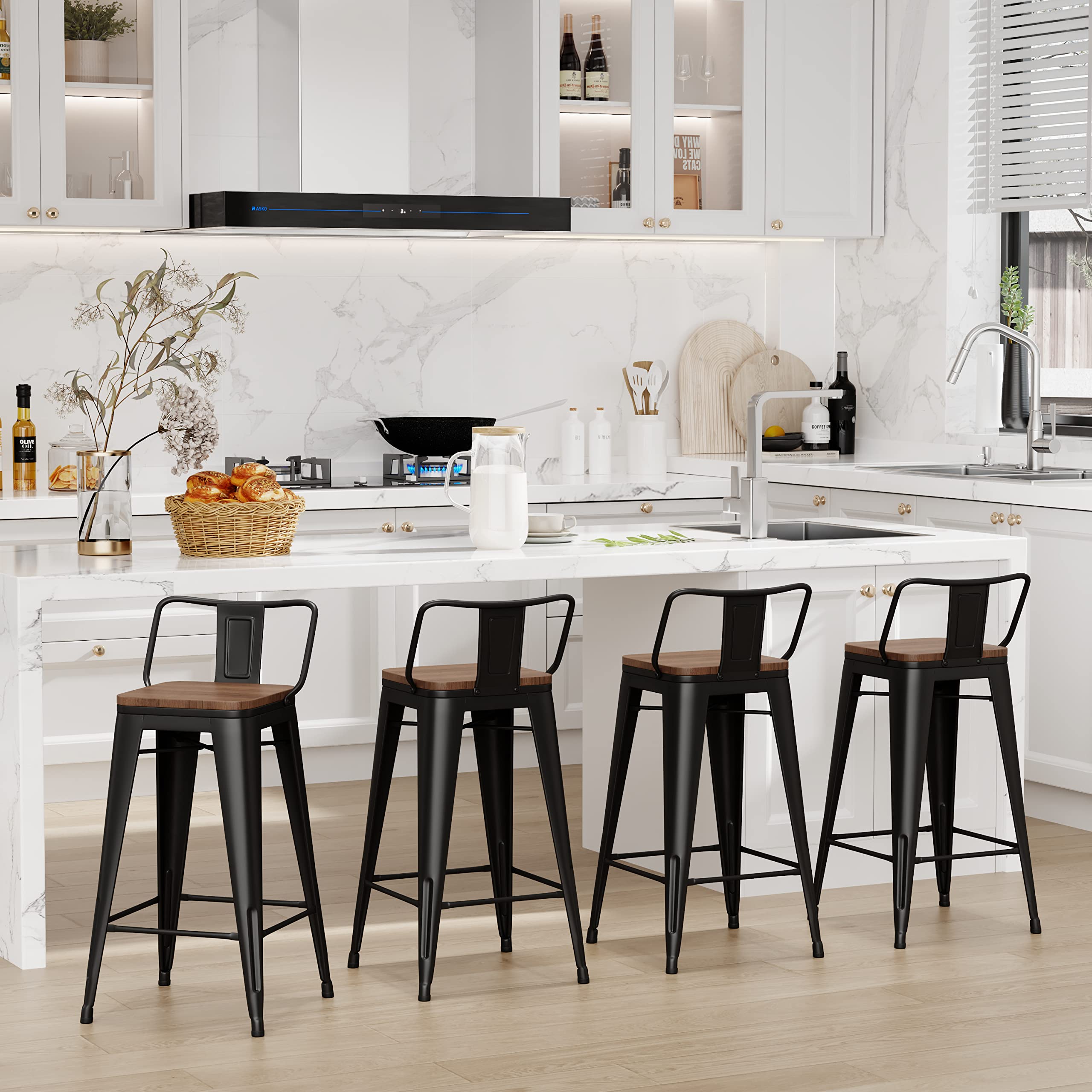 Changjie Furniture 26 Inch Bar Stools Set of 4 Industrial Metal Barstools Counter Height Bar Stool with Backs for Home Kitchen (26 inch, Black)