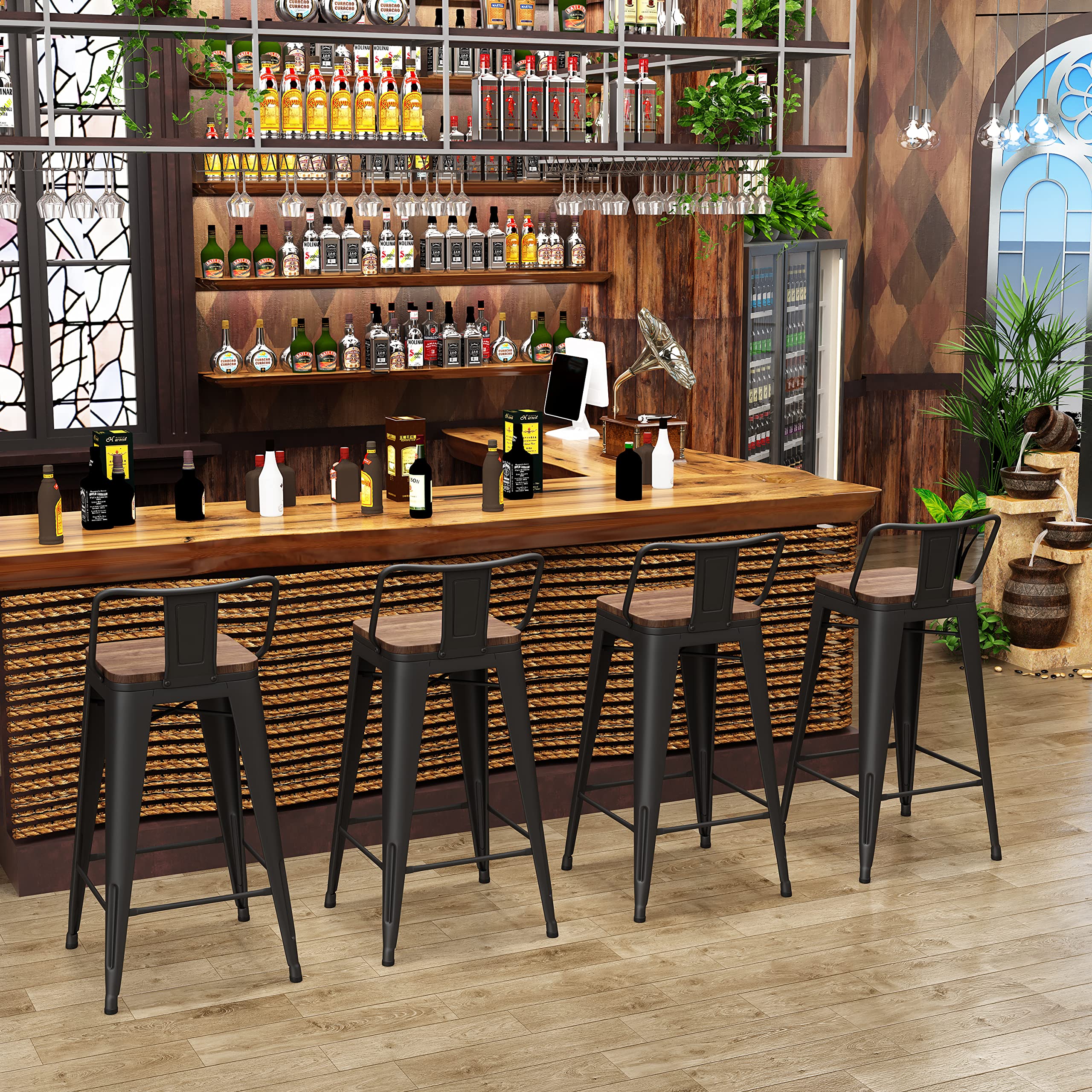 Changjie Furniture 26 Inch Bar Stools Set of 4 Industrial Metal Barstools Counter Height Bar Stool with Backs for Home Kitchen (26 inch, Black)