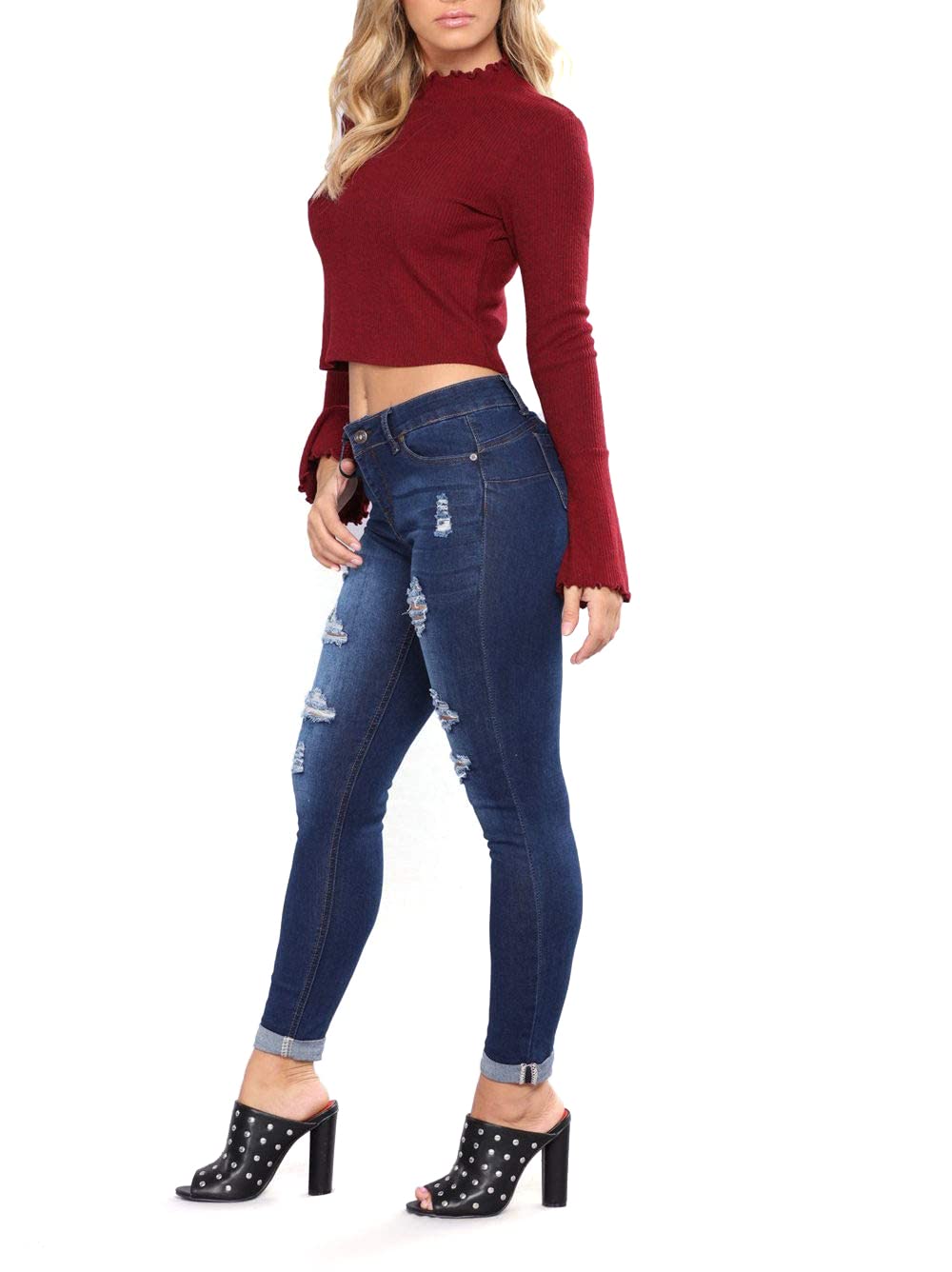 Women's High Waisted Stretch Ripped Skinny Jeans Juniors Destroyed Butt Lifting Denim Pants (Blue, US 10)