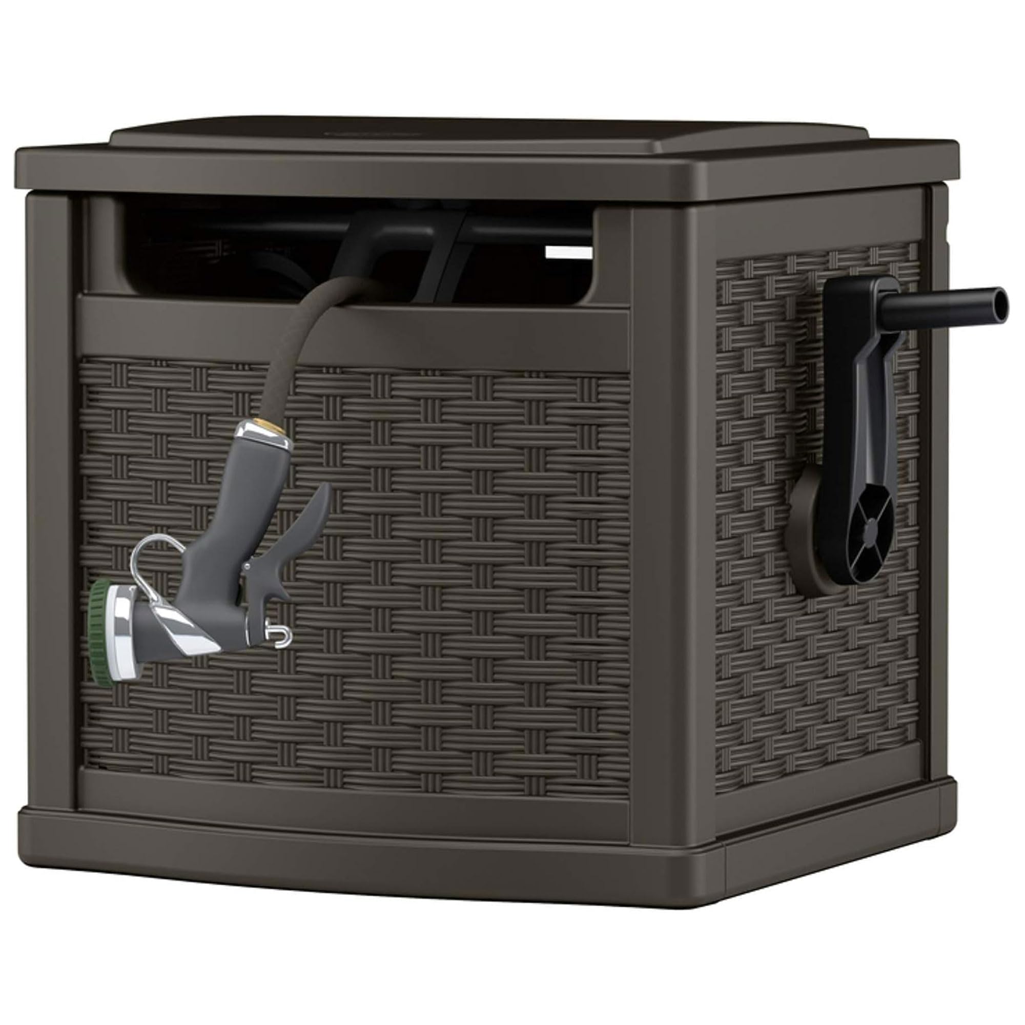 Suncast 150 Foot Slide Trak Outdoor Garden Wicker Resin Water Hose and Reel Hideaway with Brass Connections for Patio or Backyard, Java
