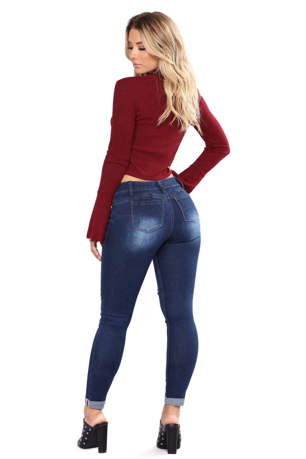 Women's High Waisted Stretch Ripped Skinny Jeans Juniors Destroyed Butt Lifting Denim Pants (Blue, US 10)