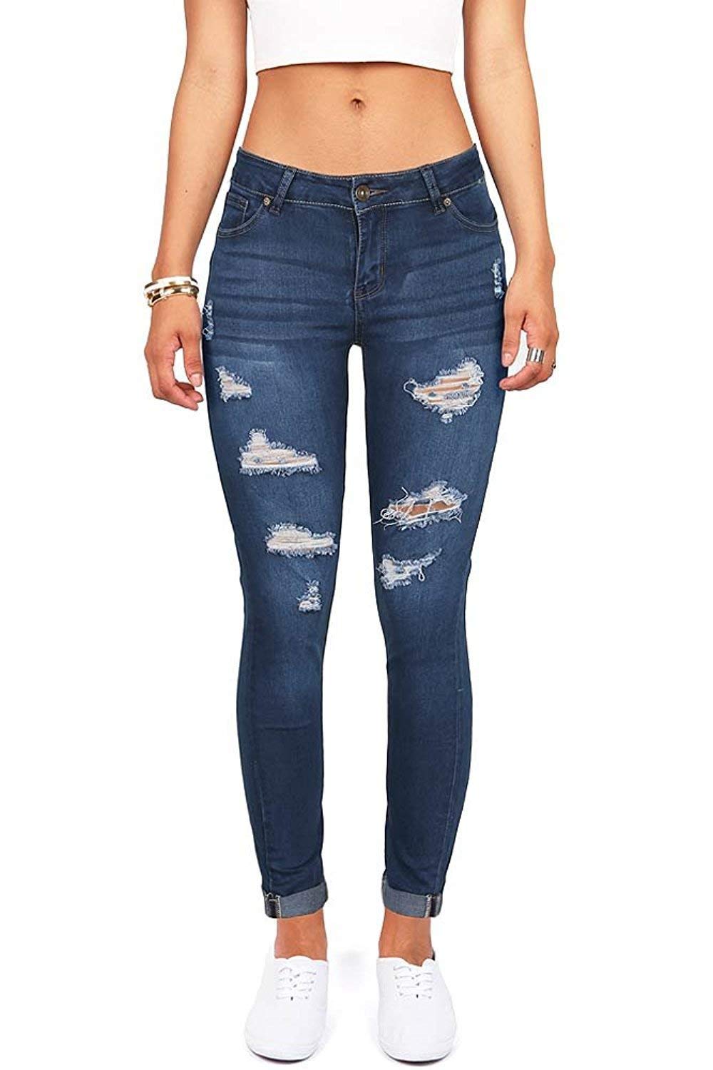 Women's High Waisted Stretch Ripped Skinny Jeans Juniors Destroyed Butt Lifting Denim Pants (Blue, US 10)