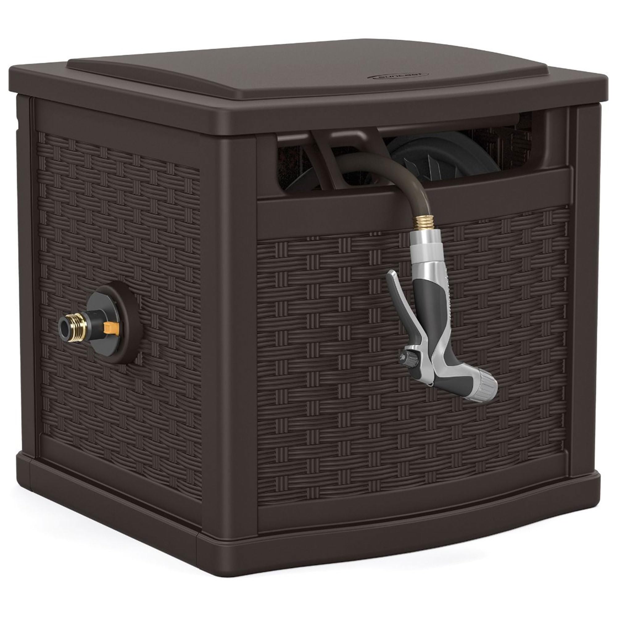 Suncast 150 Foot Slide Trak Outdoor Garden Wicker Resin Water Hose and Reel Hideaway with Brass Connections for Patio or Backyard, Java
