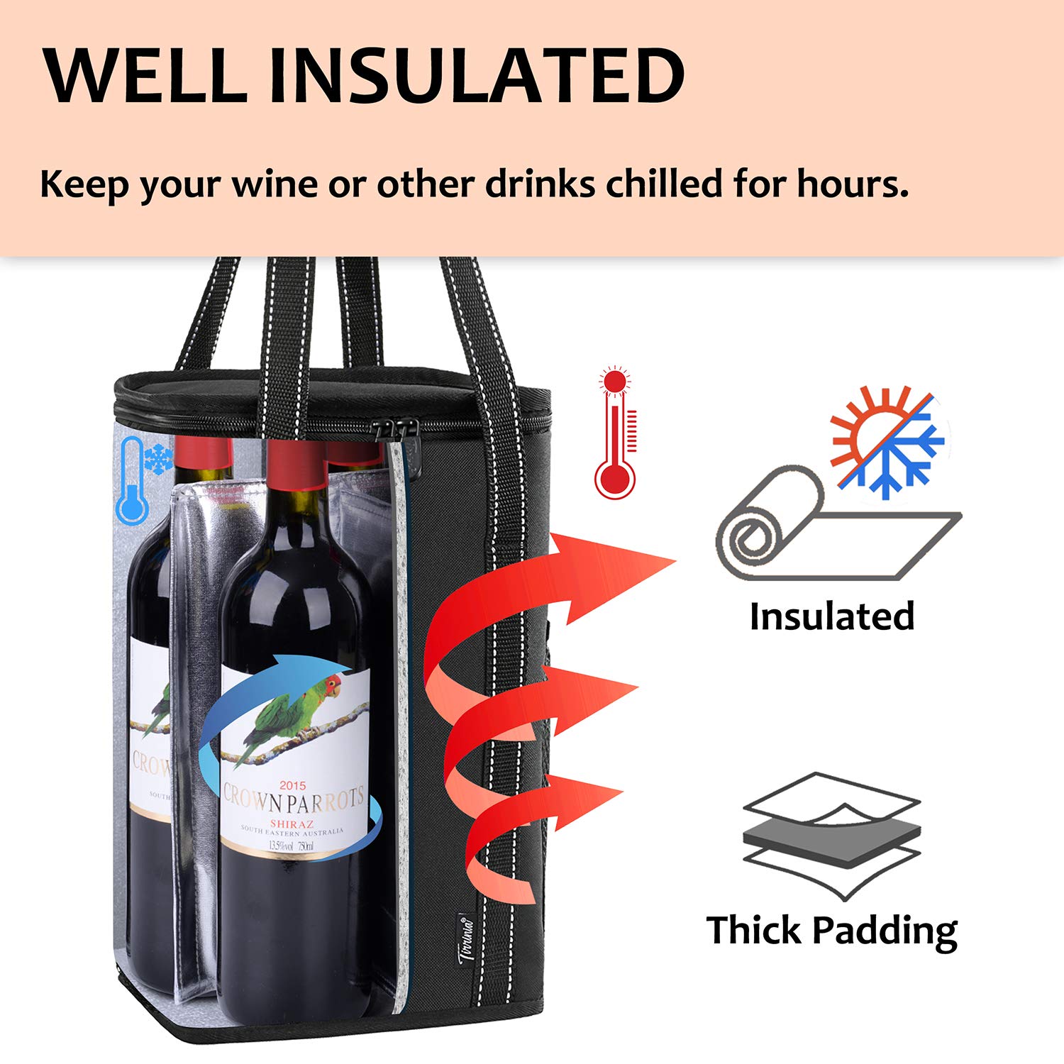 Vina 4 Bottle Wine Carrier - Travel Insulated Wine Carrying Case Cooler Tote Bag with Detachable Divider and Strong Handle, Great for Picnic, Beach Days,Party, Black