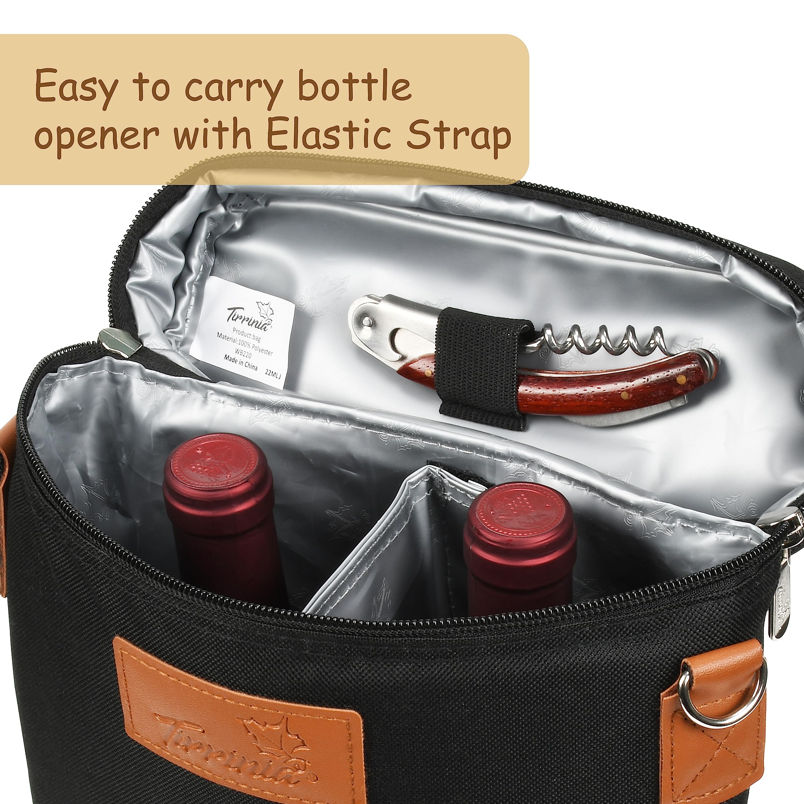 Tirrinia 2 Bottle Wine Gift Tote Carrier - Leakproof & Insulated Padded Versatile Wine Cooler Bag for Travel, BYOB Restaurant, Wine Tasting, Party, Dinners,Gift for Wine Lovers, Black
