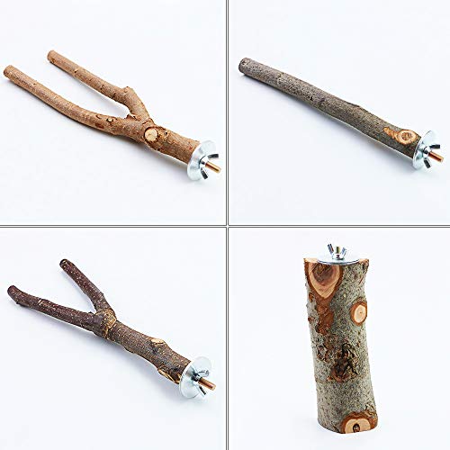 BILLIOTEAM 4 Pack Natural Wood Bird Perch Parrot Stand Branches Fork Toys,Pet Bird Cage Wooden Hanging Perch Platform Hammock Swing Toy for Small Parakeets,Budgies,Cockatiels,Conures,Macaws,Finches