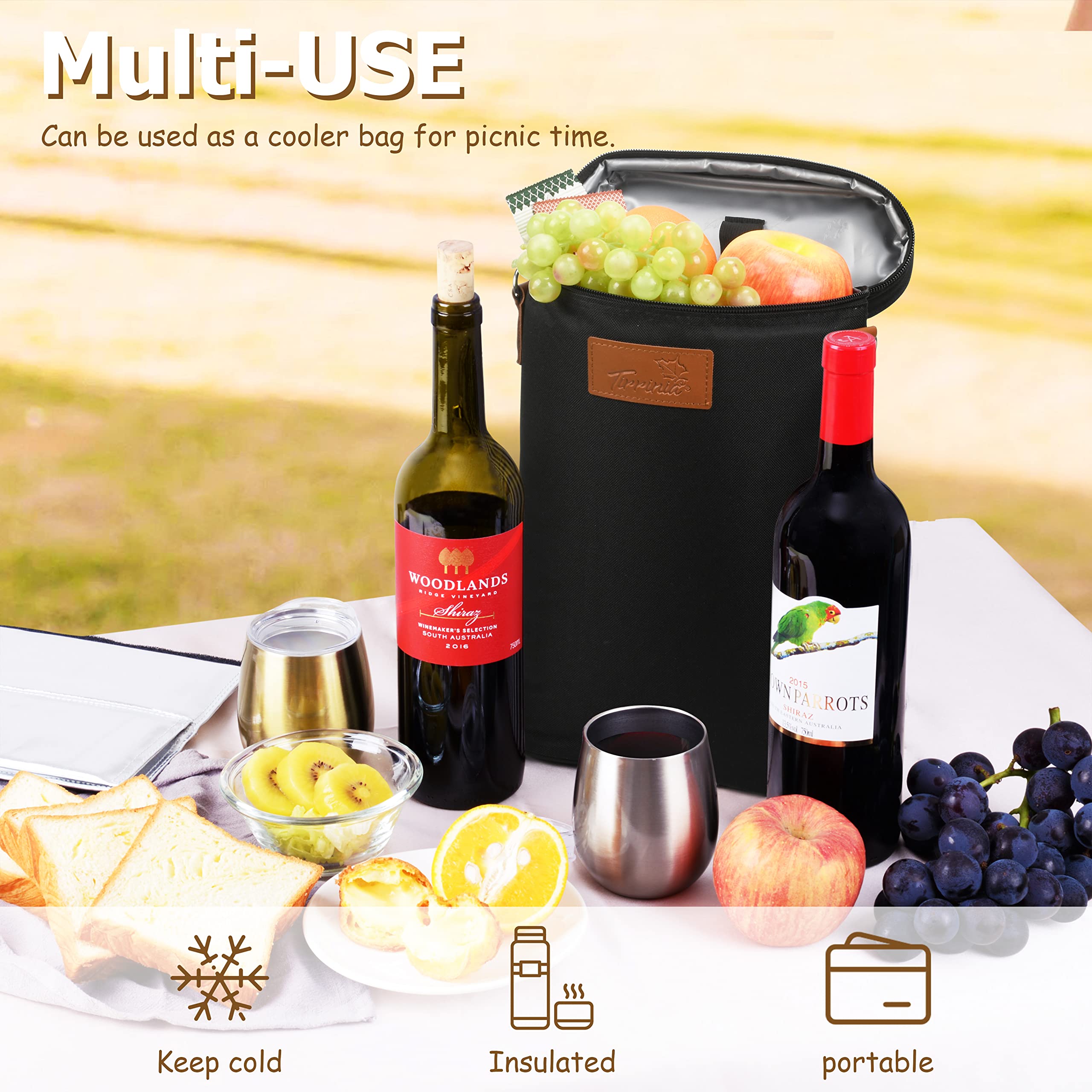 Tirrinia 2 Bottle Wine Gift Tote Carrier - Leakproof & Insulated Padded Versatile Wine Cooler Bag for Travel, BYOB Restaurant, Wine Tasting, Party, Dinners,Gift for Wine Lovers, Black