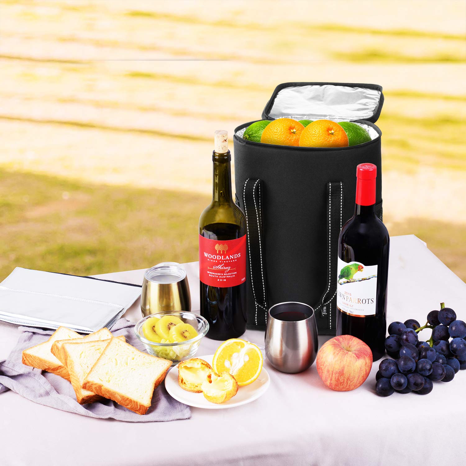 Vina 4 Bottle Wine Carrier - Travel Insulated Wine Carrying Case Cooler Tote Bag with Detachable Divider and Strong Handle, Great for Picnic, Beach Days,Party, Black