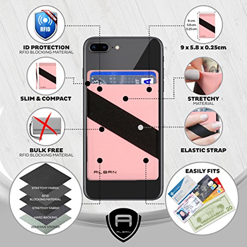 Alban Credit Card Holder Stick on Cell Phone Wallet RFID Blocking with Finger Strap 2 Pack (Pink)