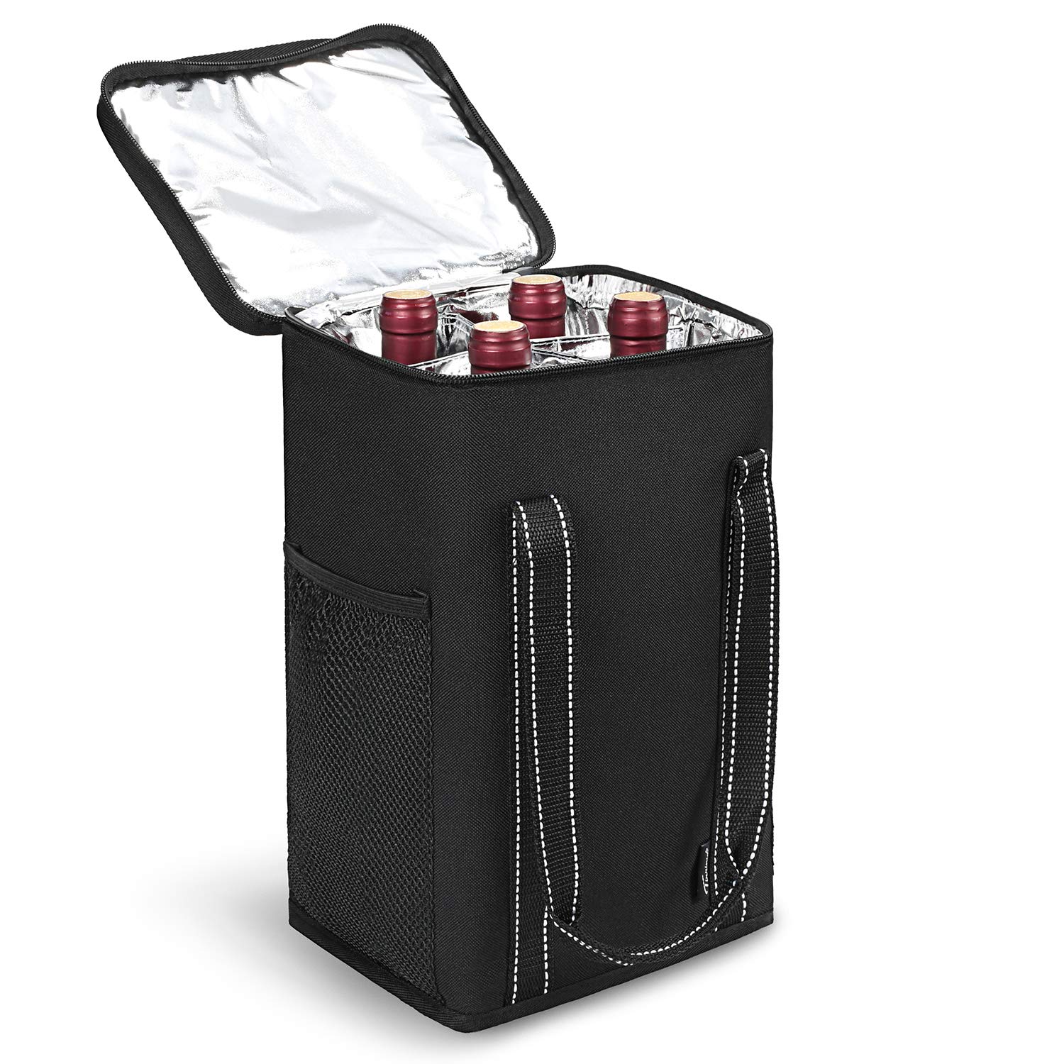 Vina 4 Bottle Wine Carrier - Travel Insulated Wine Carrying Case Cooler Tote Bag with Detachable Divider and Strong Handle, Great for Picnic, Beach Days,Party, Black