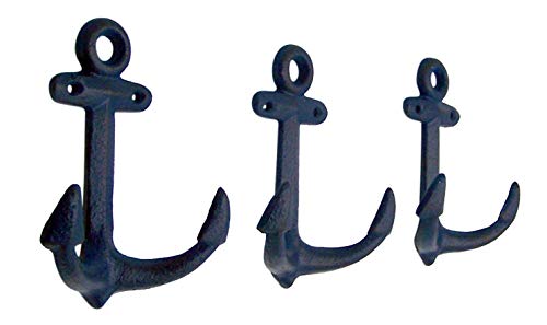 Wowser Nautical Cast Iron Ship Anchor Wall Hooks, 6 Inches, Set of 3 (Blue)