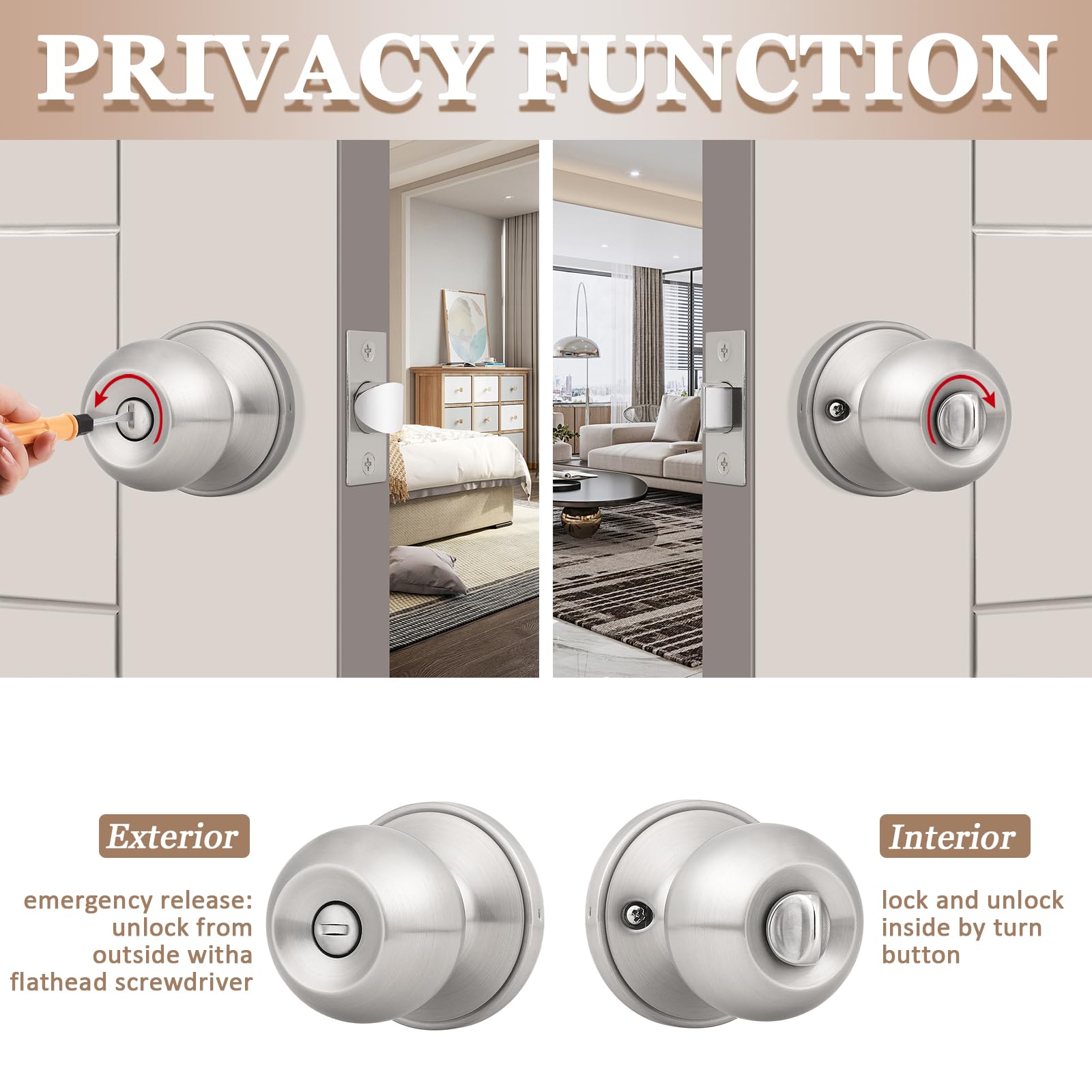 Probrico 10 Pack Bed/Bath Room Round Door Knob,Privacy Function for Bathroom/Bedroom,Interior Door Knobs with Lock Satin Nickel Finish, Keyless(Thumb Turn Lock on The Inside) Door Handles Locks
