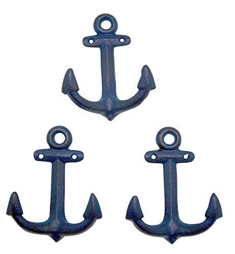 Wowser Nautical Cast Iron Ship Anchor Wall Hooks, 6 Inches, Set of 3 (Blue)