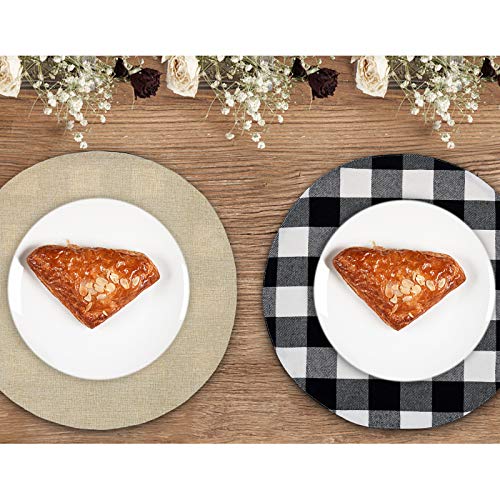 Senneny Round Placemats Set of 6 - Black and White Buffalo Plaid Placemats - Reversible Cotton and Burlap Placemats for Round Tables - Farmhouse Placemats for Dining Table