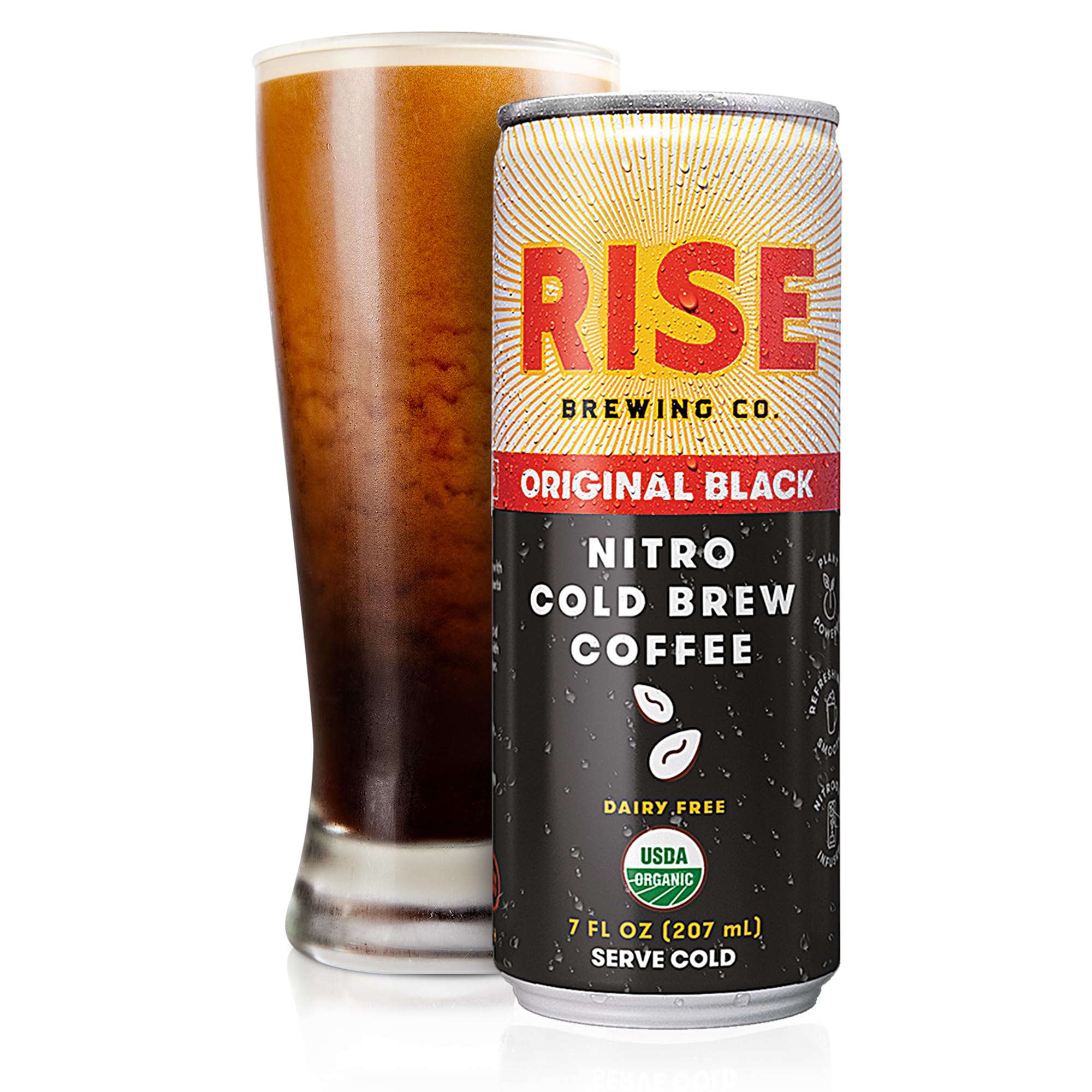 RISE Brewing Co. Original Black Nitro Cold Brew Coffee, No Sugar, Vegan, Organic & Non-GMO, Low Acidity, 7 Fl. oz. Cans (12 Pack)