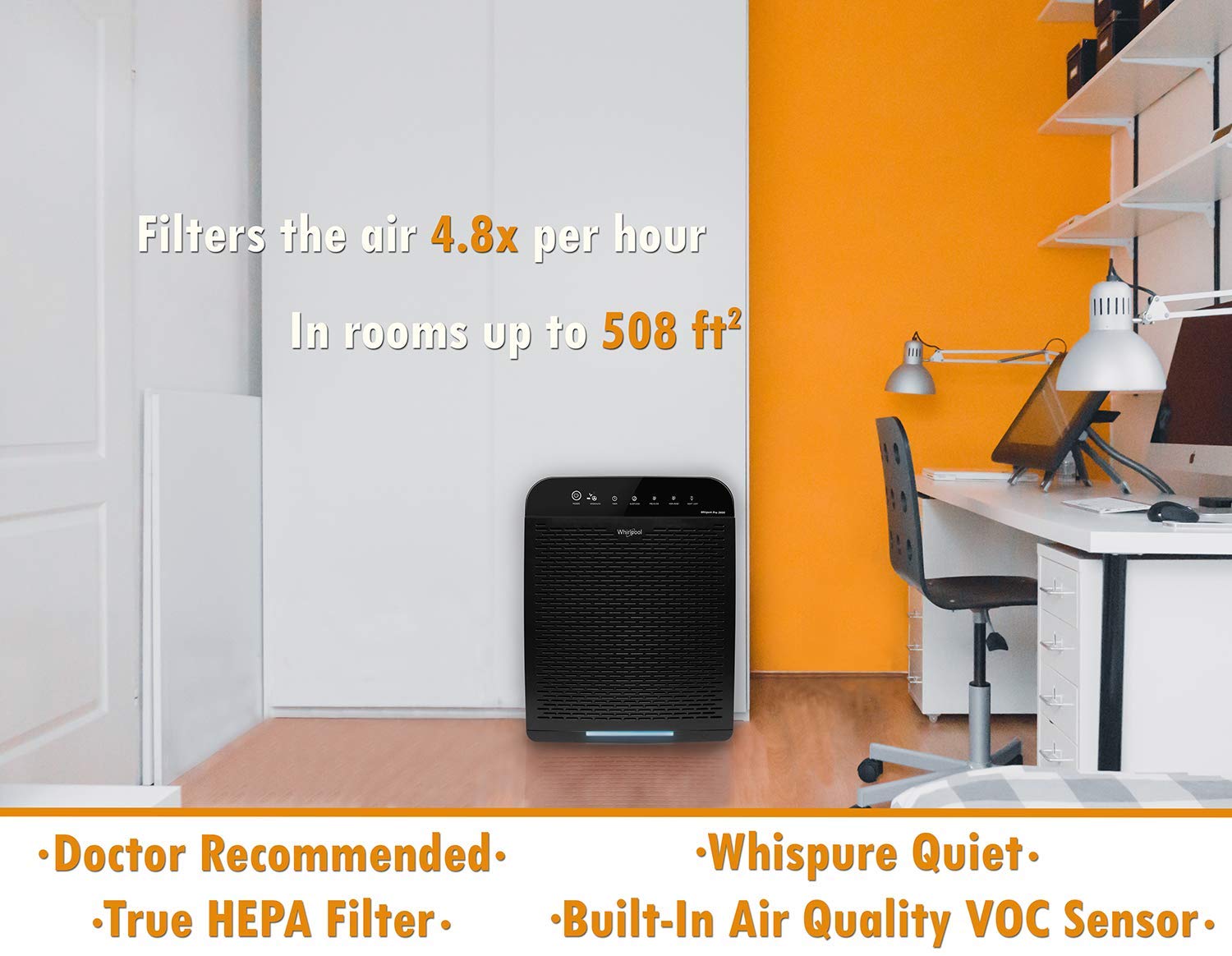 Whirlpool WPPRO2000B Whispure True Hepa Air Purifier, Activated Carbon, 508 Sq ft, Smart Auto Mode, Ideal For Allergies, Odors, Pet Dander, Mold, Smoke, Wildfire & Germs - Slate Black
