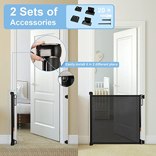 Retractable Baby Gate, PRObebi Retractable Dog Gate for Babies and Pets 34" Tall Extends to 72" Wide, Retractable Mesh Gate for Doorways, Stairs, Hallways, Indoor/Outdoor (Black)
