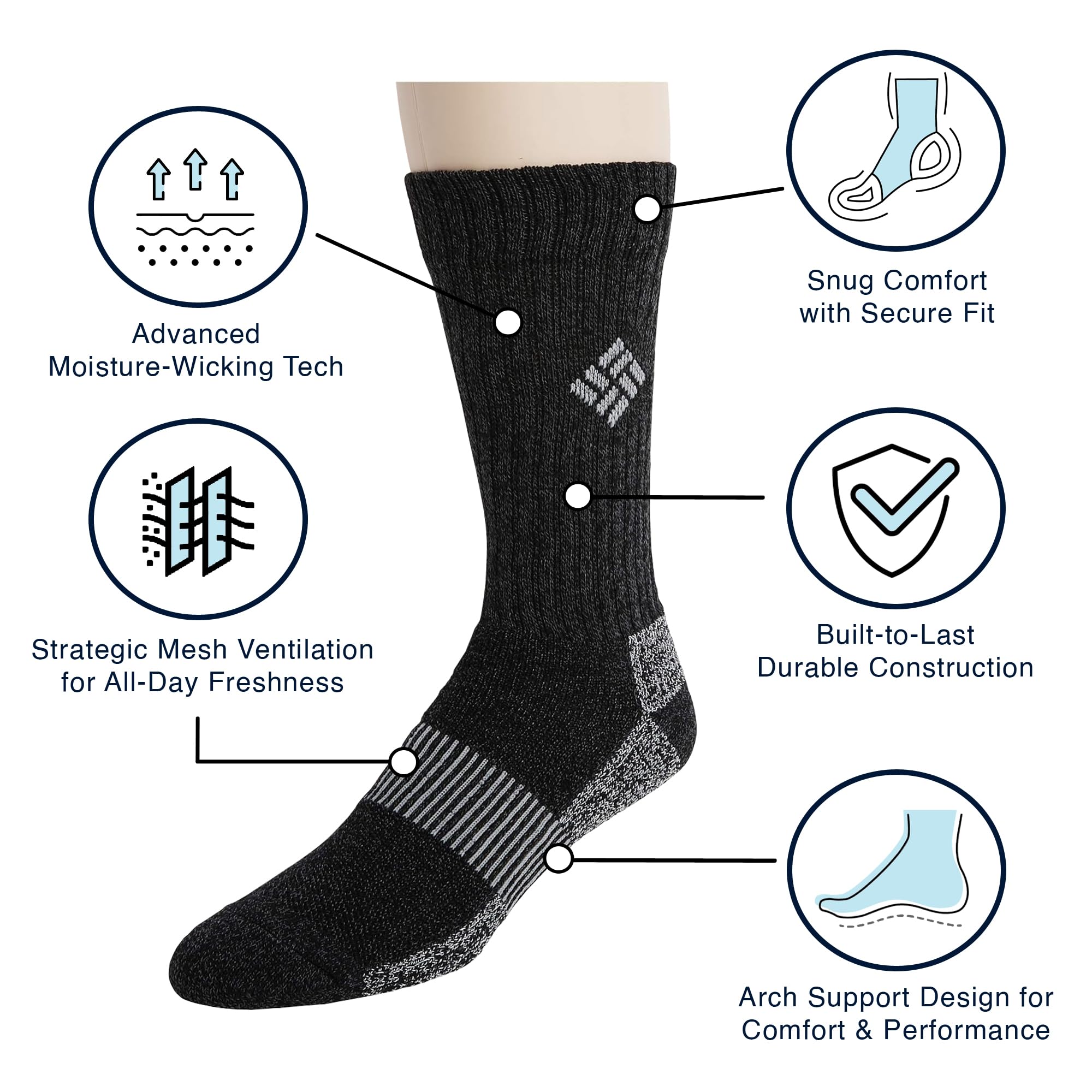 Columbia Men's 4 Pack Moisture Control Crew Socks | Black/Brown/Navy/Khaki | Mens 6-12