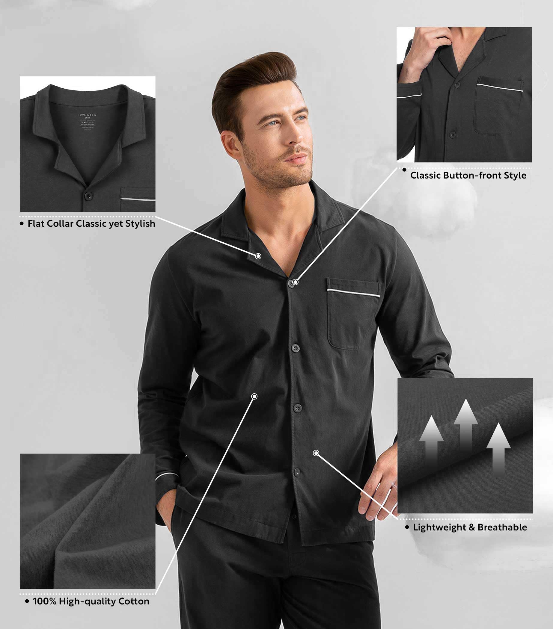 DAVID ARCHY Mens Pajamas Set Soft Cotton Notched Collar Pajamas for Men Long Sleeve Mens Sleepwear with Pockets & Front Fly (M, Black)