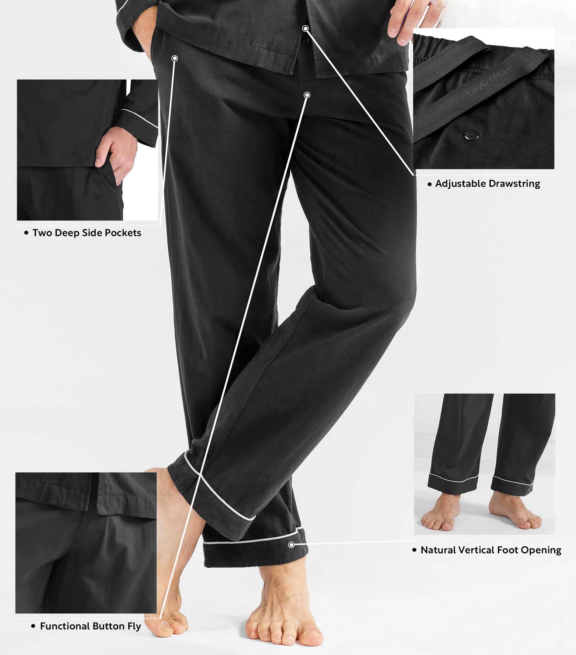 DAVID ARCHY Mens Pajamas Set Soft Cotton Notched Collar Pajamas for Men Long Sleeve Mens Sleepwear with Pockets & Front Fly (M, Black)