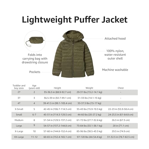 Amazon Essentials Boys' Lightweight Water-Resistant Packable Puffer Jacket, Black, Small