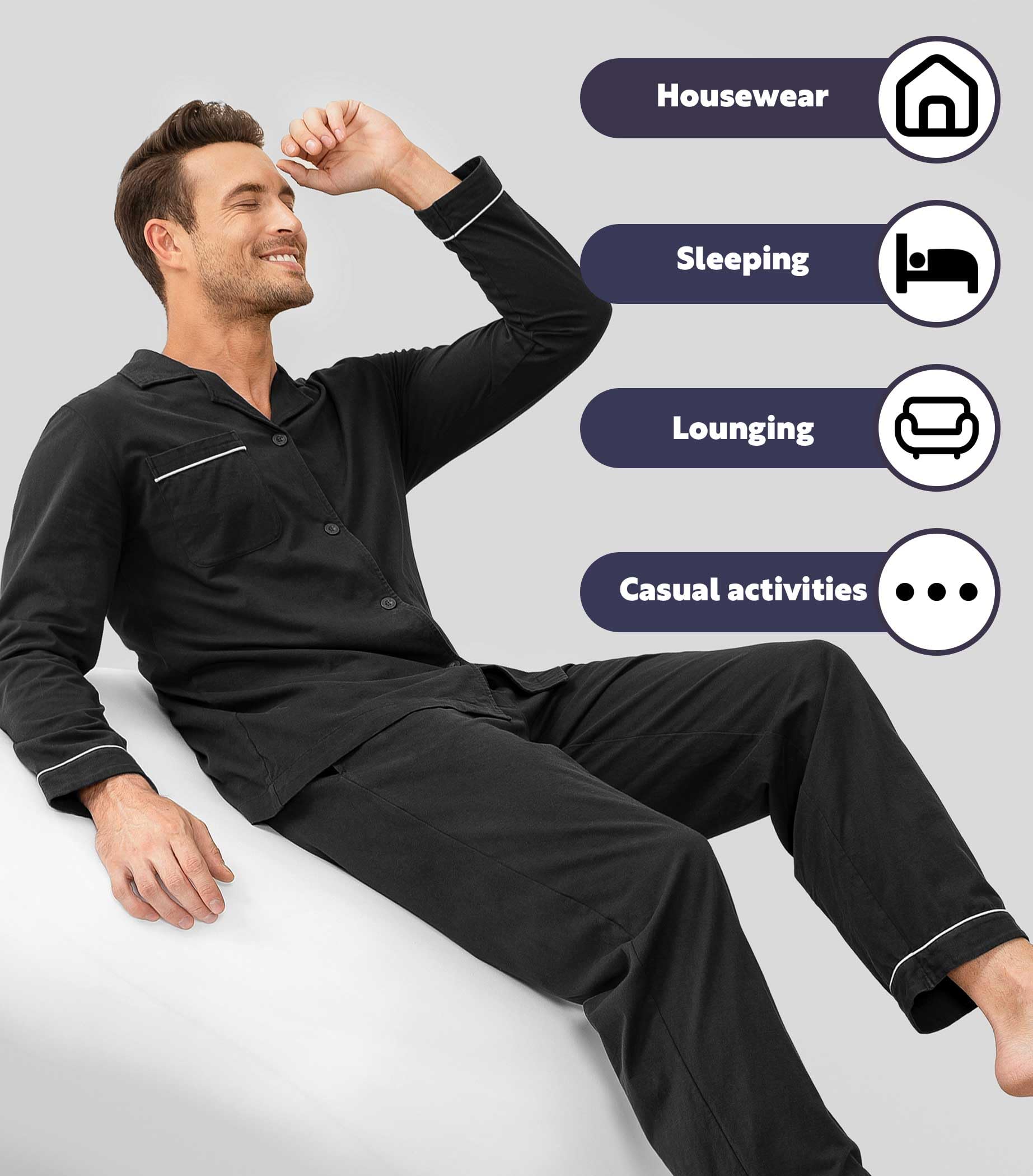 DAVID ARCHY Mens Pajamas Set Soft Cotton Notched Collar Pajamas for Men Long Sleeve Mens Sleepwear with Pockets & Front Fly (M, Black)