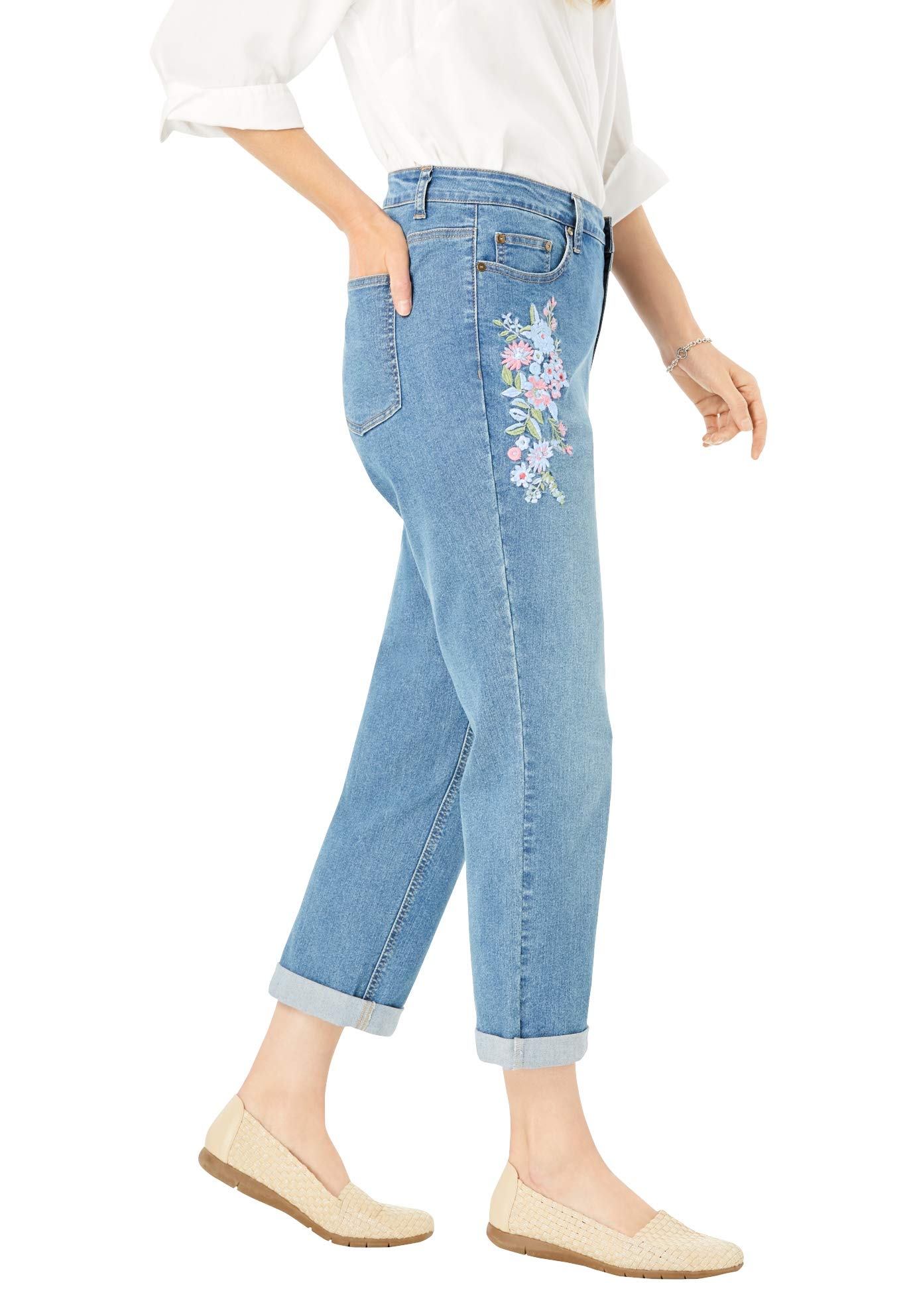 Woman Within Women's Plus Size Girlfriend Stretch Denim Jean - 14 W, Distressed