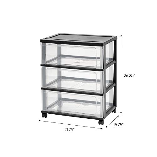 IRIS USA Plastic 3 Drawer Wide Storage Drawer Cart with 4 Caster Wheels for Home, Closet, Bedroom, Bathroom, Office, Laundry, Kitchen, Craft Room, Nursery and School Dorm, Black, Set of 1