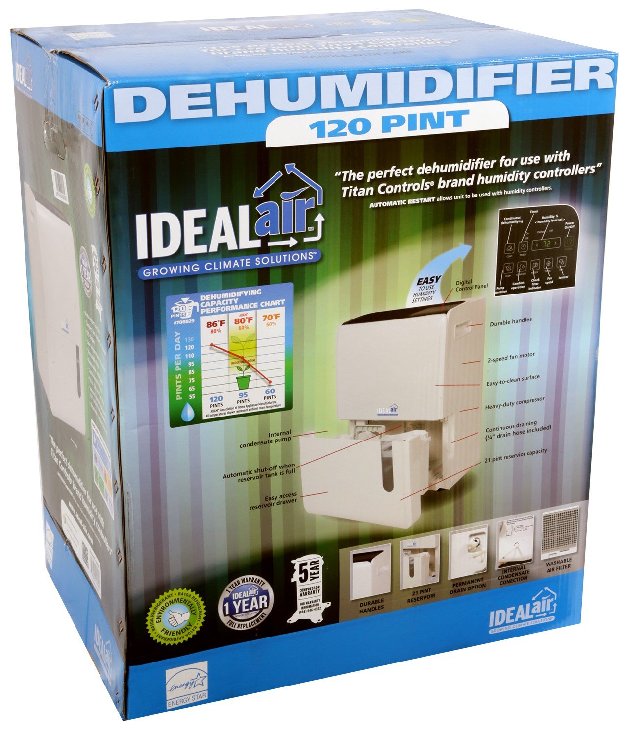 Ideal-Air Dehumidifier 60 Pint - Up to 120 Pints Per Day, White