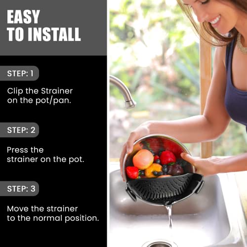 Clip On Kitchen Food Strainer for Spaghetti, Meat, Pasta, & Ground Beef Grease, Colander & Sieve Snaps or Clips Onto Bowls, Pots & Pans Includes Silicone Drainer, Brush & Garlic Peeler (Black)
