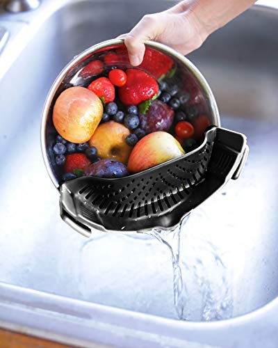 Clip On Kitchen Food Strainer for Spaghetti, Meat, Pasta, & Ground Beef Grease, Colander & Sieve Snaps or Clips Onto Bowls, Pots & Pans Includes Silicone Drainer, Brush & Garlic Peeler (Black)
