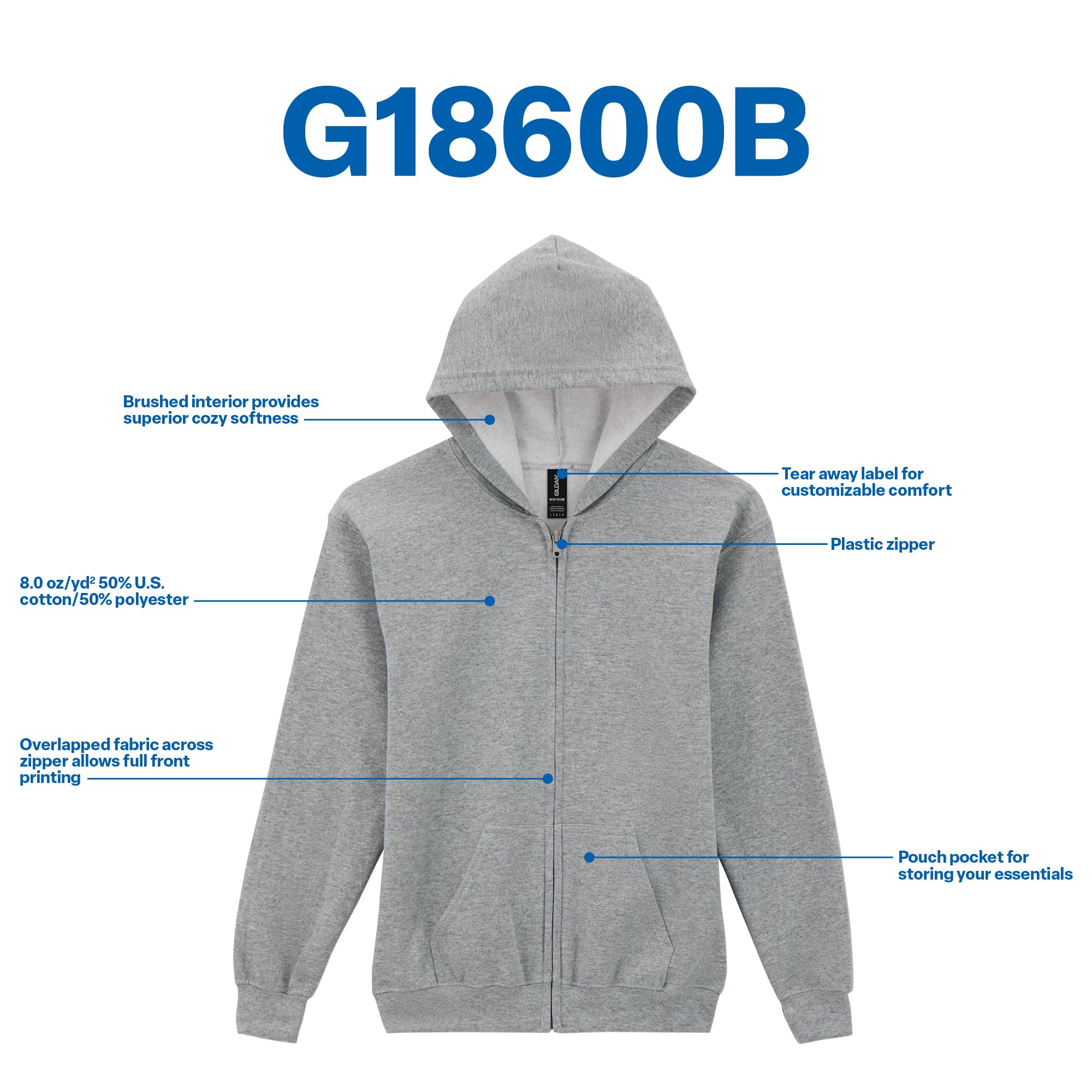 Gildan Youth Full Zip Hoodie Sweatshirt, Style G18600B, Sport Grey, Medium