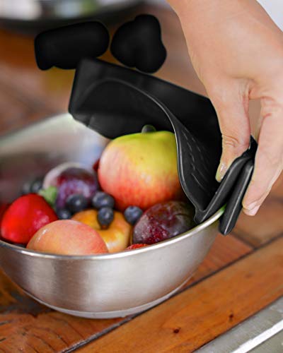 Clip On Kitchen Food Strainer for Spaghetti, Meat, Pasta, & Ground Beef Grease, Colander & Sieve Snaps or Clips Onto Bowls, Pots & Pans Includes Silicone Drainer, Brush & Garlic Peeler (Black)