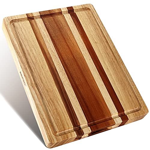 KONOLL Large Acacia Oak Wood Cutting Board for Kitchen Multipurpose Chopping Board with Juice Groove & Built-in well for Meat, Cracker, Vegetables and Cheese, 15 x 12 x 1.5 Inch