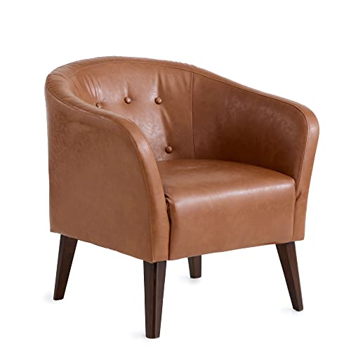 Edenbrook Collins Button Tufted Barrel Wood Legs – Upholstered Tub Chair for Living Room, Camel Faux Leather