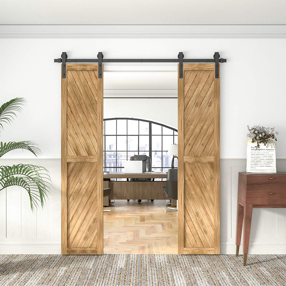 WINSOON 6FT Barn Door Hardware Kit: Double Sliding Door Hardware - Black Barn Door Track Kit - Carbon Steel Heavy Duty Door Rail - J-Shape Easy to Install for 36" Closet Panel(No Door)