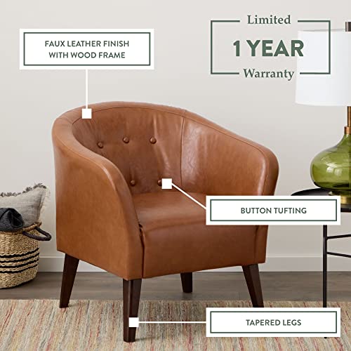 Edenbrook Collins Button Tufted Barrel Wood Legs – Upholstered Tub Chair for Living Room, Camel Faux Leather