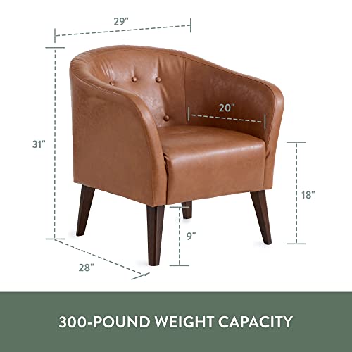 Edenbrook Collins Button Tufted Barrel Wood Legs – Upholstered Tub Chair for Living Room, Camel Faux Leather