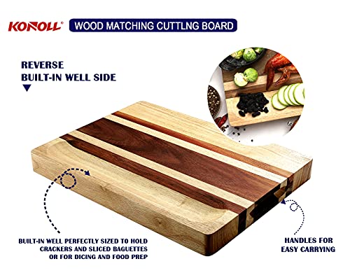 KONOLL Large Acacia Oak Wood Cutting Board for Kitchen Multipurpose Chopping Board with Juice Groove & Built-in well for Meat, Cracker, Vegetables and Cheese, 15 x 12 x 1.5 Inch