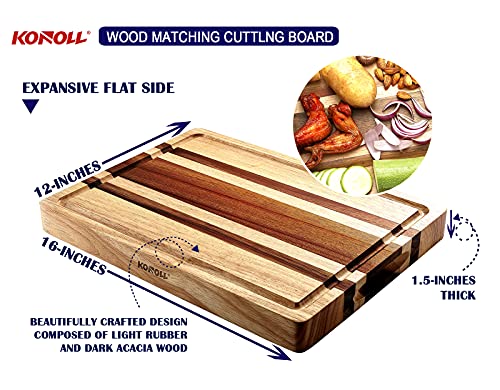 KONOLL Large Acacia Oak Wood Cutting Board for Kitchen Multipurpose Chopping Board with Juice Groove & Built-in well for Meat, Cracker, Vegetables and Cheese, 15 x 12 x 1.5 Inch
