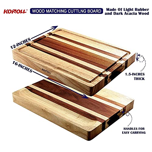 KONOLL Large Acacia Oak Wood Cutting Board for Kitchen Multipurpose Chopping Board with Juice Groove & Built-in well for Meat, Cracker, Vegetables and Cheese, 15 x 12 x 1.5 Inch