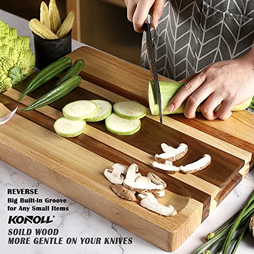 KONOLL Large Acacia Oak Wood Cutting Board for Kitchen Multipurpose Chopping Board with Juice Groove & Built-in well for Meat, Cracker, Vegetables and Cheese, 15 x 12 x 1.5 Inch