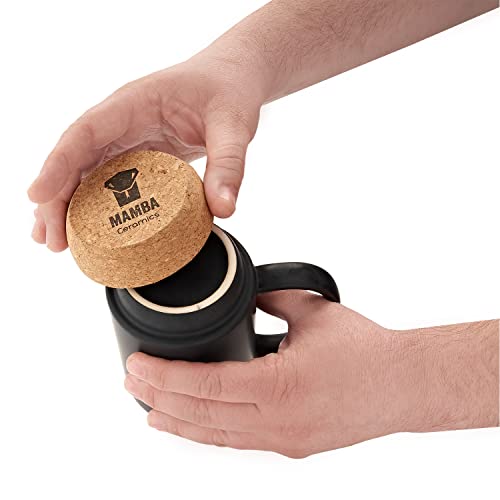 Cork Base Ceramic Mug with Lid (Set of 2) - 17 oz. Oversized Coffee Mugs Set with Removable Insulated Cork Bottom & Spillproof Lids - Great for Tea & Hot Cocoa - Wash in Dishwasher - BLACK